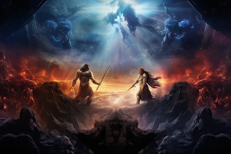Epic Plot of the Battle of the Gods on an Abstract Background Stock ...