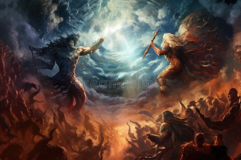 Epic Plot of the Battle of the Gods on an Abstract Background Stock ...