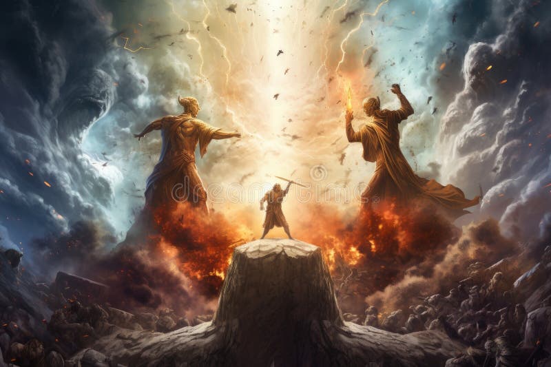 Epic Plot of the Battle of the Gods on an Abstract Background Stock ...