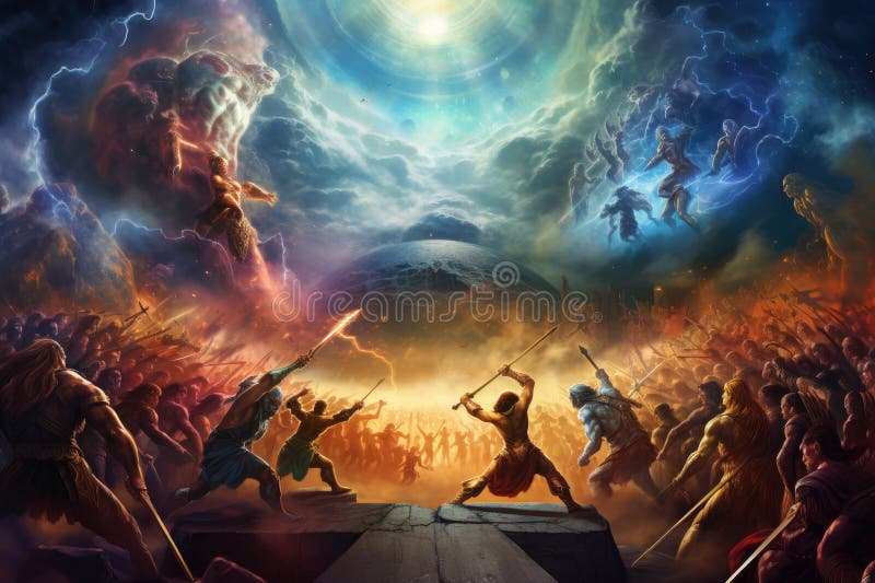 Epic Plot of the Battle of the Gods on an Abstract Background Stock ...
