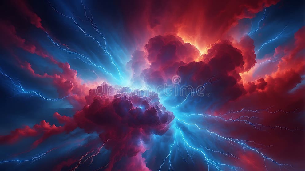 Epic Red and Blue Lightning Storm Exploding in a Dark Dramatic Sky ...