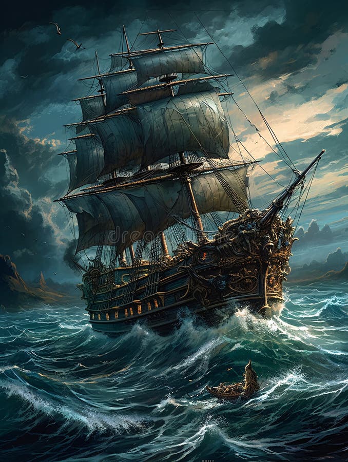 An Epic Sailing Ship in a Stormy Ocean at Sunset. AI Generated Stock ...
