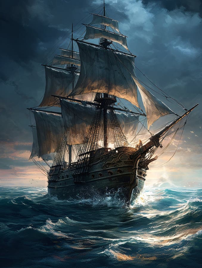 An Epic Sailing Ship in a Stormy Ocean at Sunset. AI Generated Stock ...