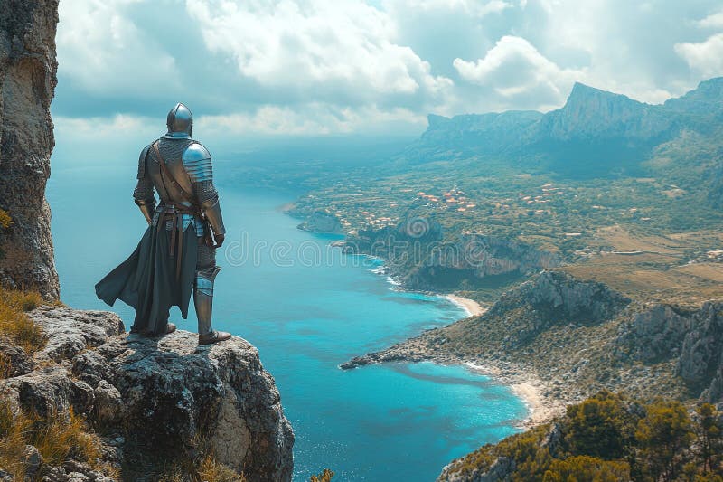 Knight Overlooking Scenic Coastal Landscape with Dramatic Sky and ...