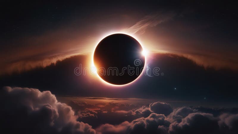 Epic Solar Eclipse in the Cloudy Dark Sky Stock Illustration ...