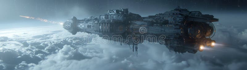 Epic Space Battle Cruiser Flying through Clouds in Futuristic Sci Fi ...