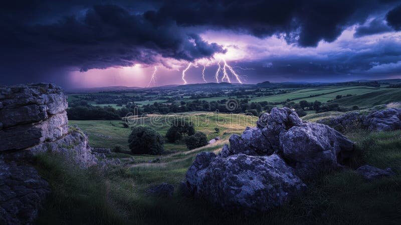 Epic Storm Over Rolling Hills with Lightning Strikes and Dark Clouds ...