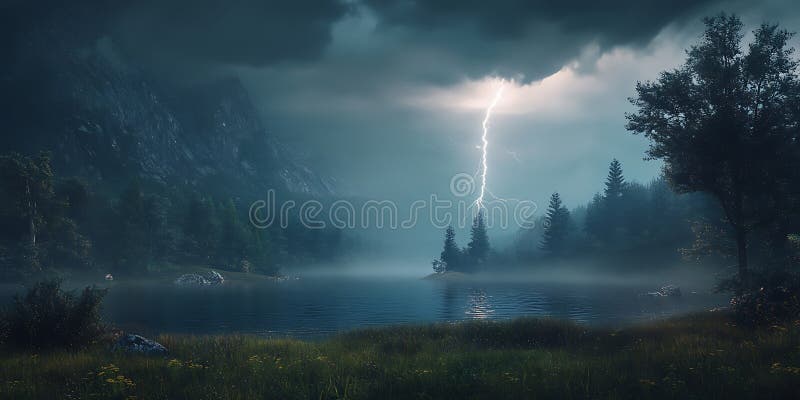 Epic Stormy Landscape Dark Forest Lightning Strike and Misty Lake Stock ...