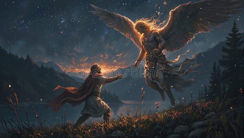 Epic Struggle of Jacob Wrestling with Angel at Jabbok River at Dawn ...