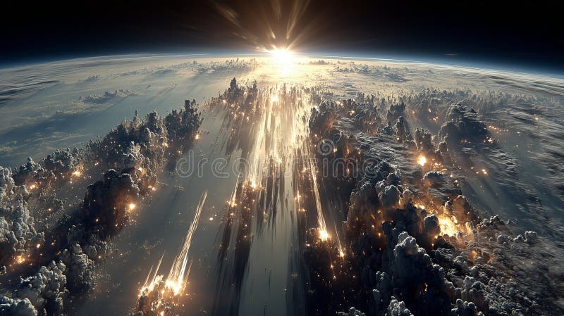 Epic Sunrise Over Exploding Clouds from Space Stock Illustration ...