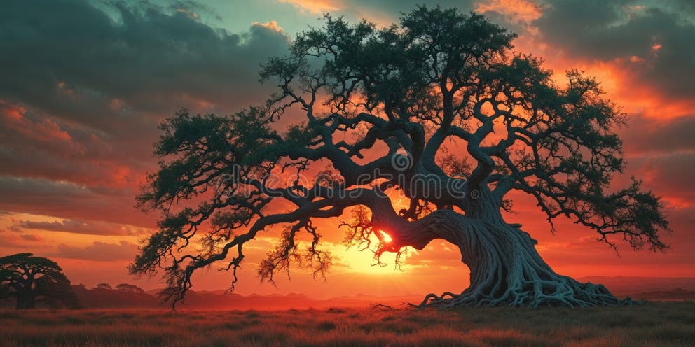 Epic Sunset Landscape with Old Oak Tree Background Stock Photo - Image ...