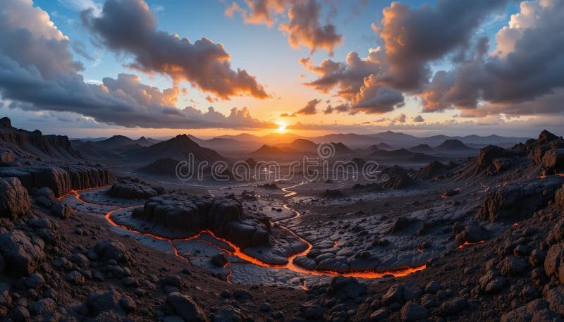 Epic Sunset Over Volcanic Landscape with Lava Flows Stock Photo - Image ...
