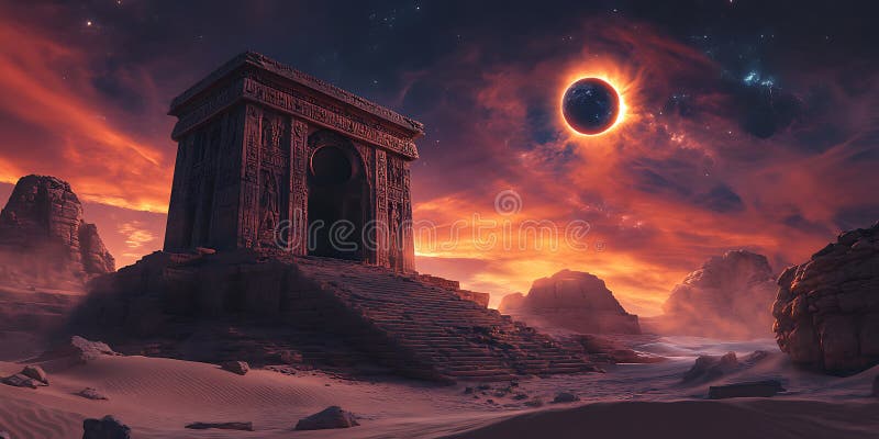 Epic Sunset Ruins Under a Solar Eclipse Stock Illustration ...