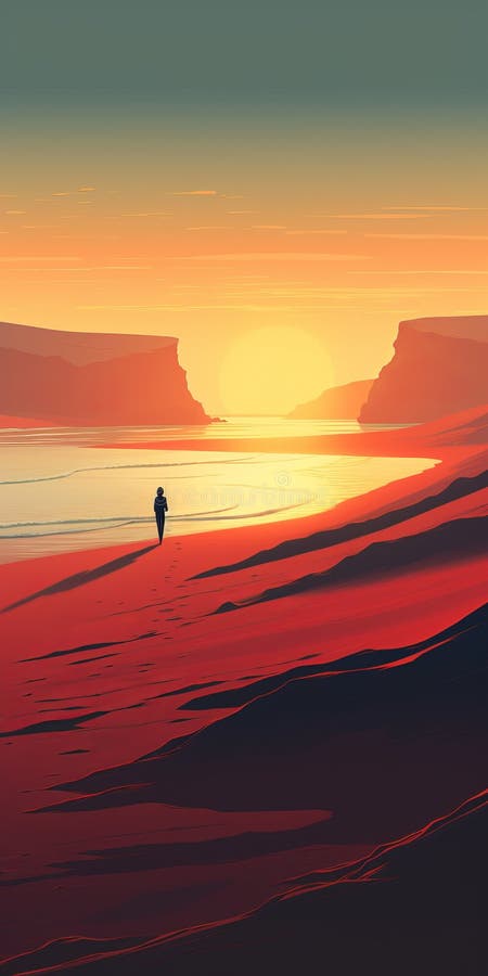 Epic Superflat Style Drawing of Human Walking on Beach at Sunset Stock ...