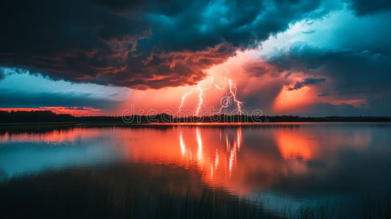 Epic Thunderstorm Displays Dramatic Lightning Over a Tranquil Pond at ...