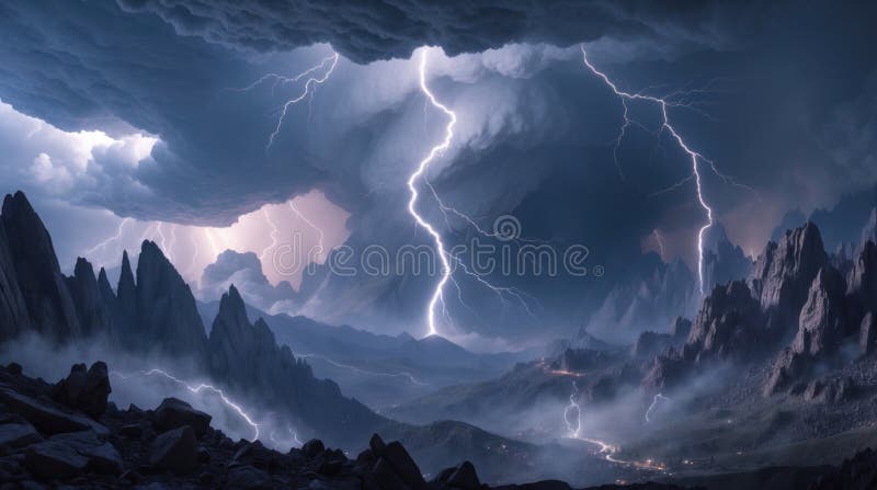 Epic Thunderstorm Over Jagged Mountains: a Dramatic Sky with Lightning ...