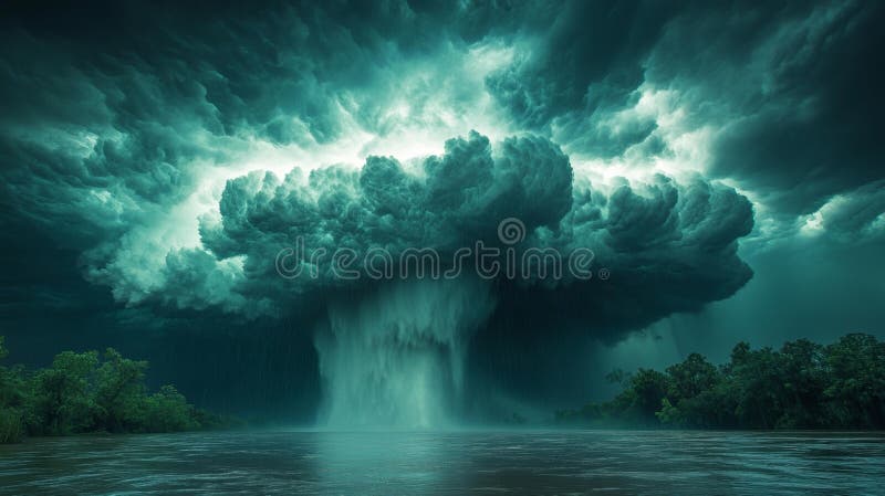 Epic Thunderstorm Over a River with a Deluge of Rainfall Stock ...