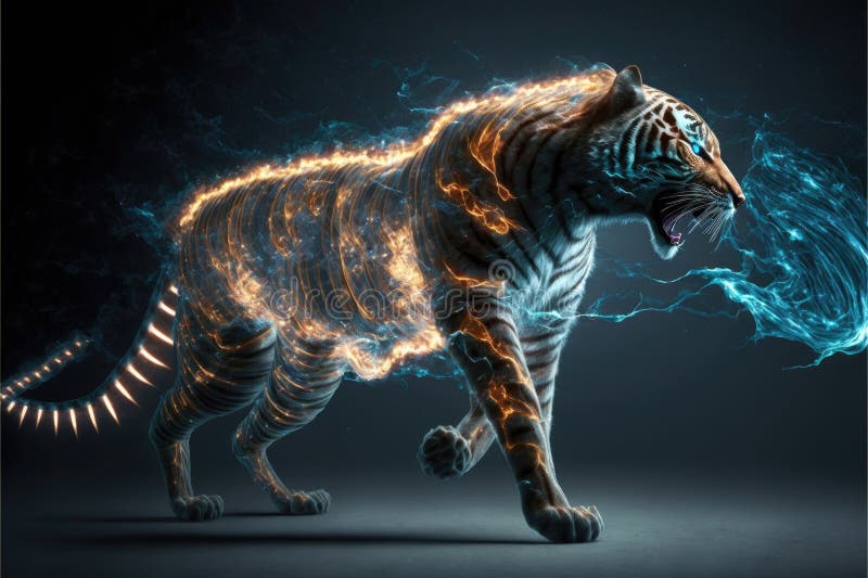 Epic Tiger in Blue and Fire Shades Stock Illustration - Illustration of ...