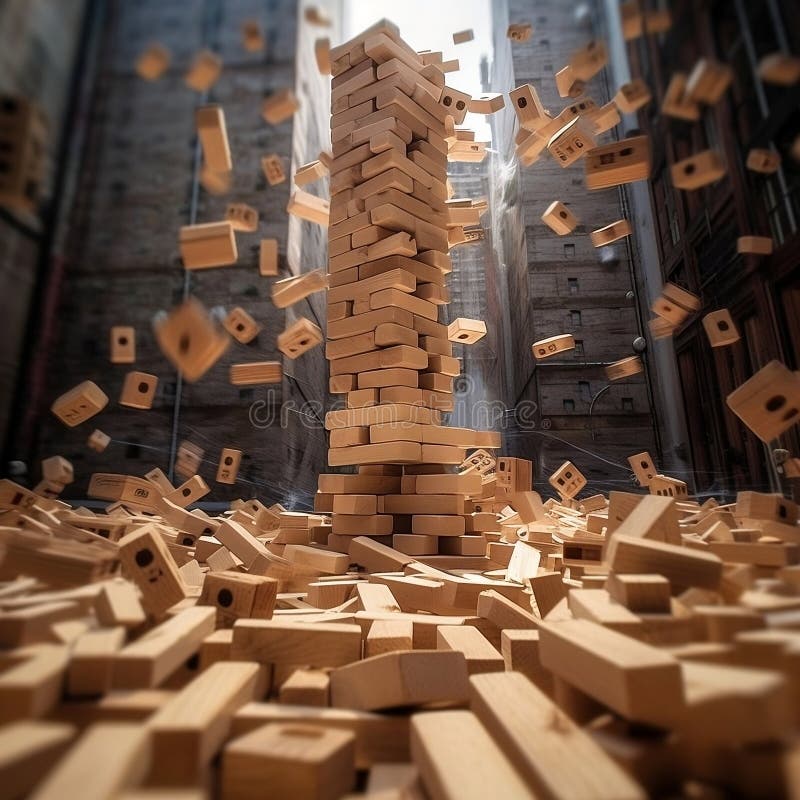 Epic View of Jenga Tower Toppling Down. Generative AI Stock ...