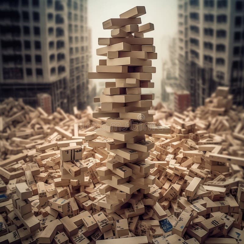 Epic View of Jenga Tower Toppling Down. Generative AI Stock ...