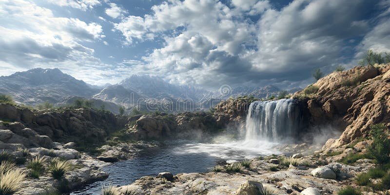 Epic Waterfall Landscape Stunning Mountain Cityscape Panorama Stock ...