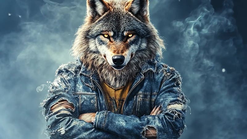 Epic Wolf Character in a Rugged Denim Jacket with a Fierce Expression ...