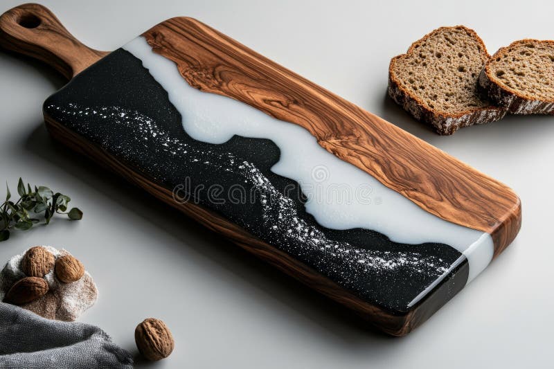 Epoxy Resin Cutting Board with Wood Grain Texture and Bread Slices on ...