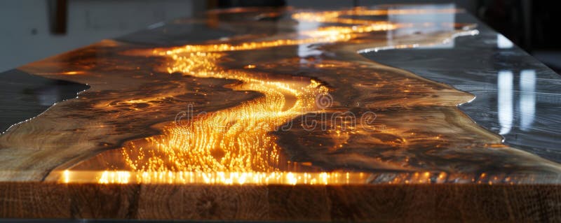 Epoxy Resin River Table with Glowing Light Effect Stock Image - Image ...