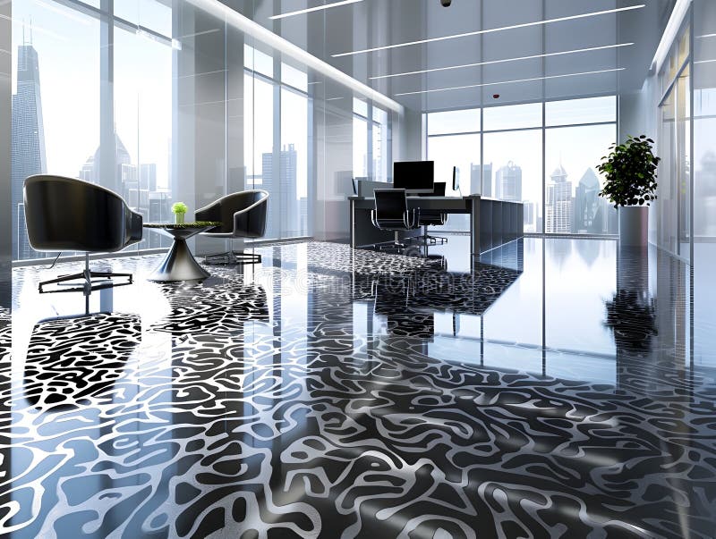 Epoxy and Waxed Minimalist Office Interior with Glossy Reflective ...