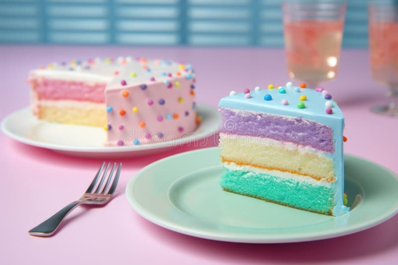 Equal Portions of a Childs Birthday Cake on Two Plates Stock Photo ...