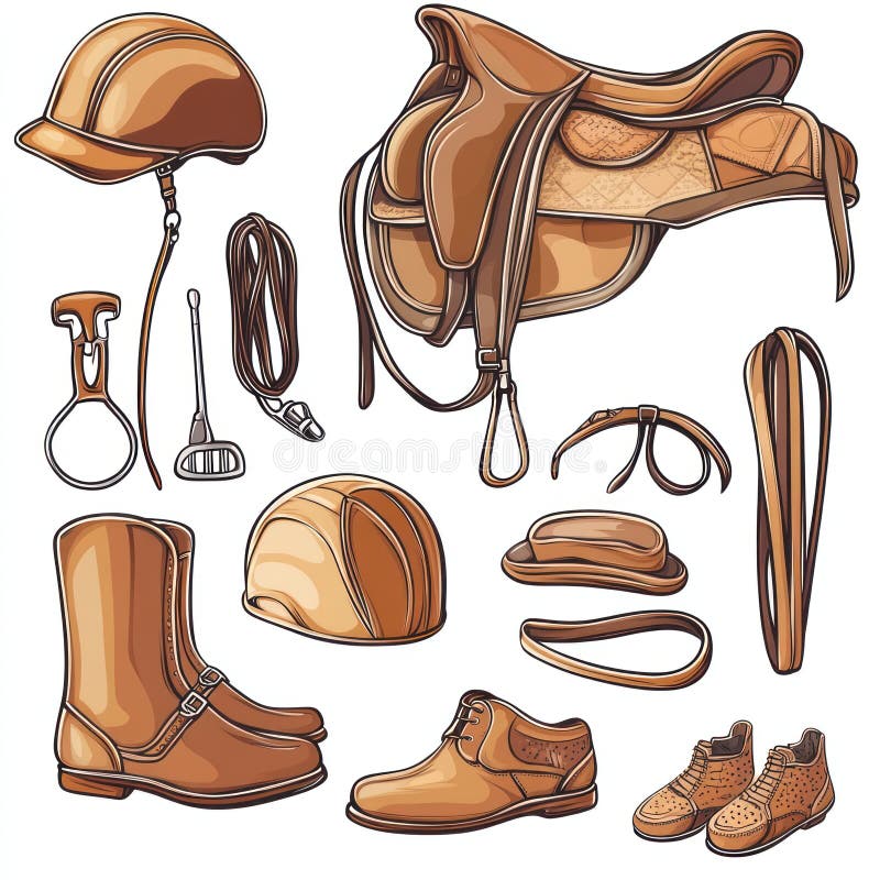 Equestrian Gear Illustration, Saddles, Helmets, Boots, and Riding ...
