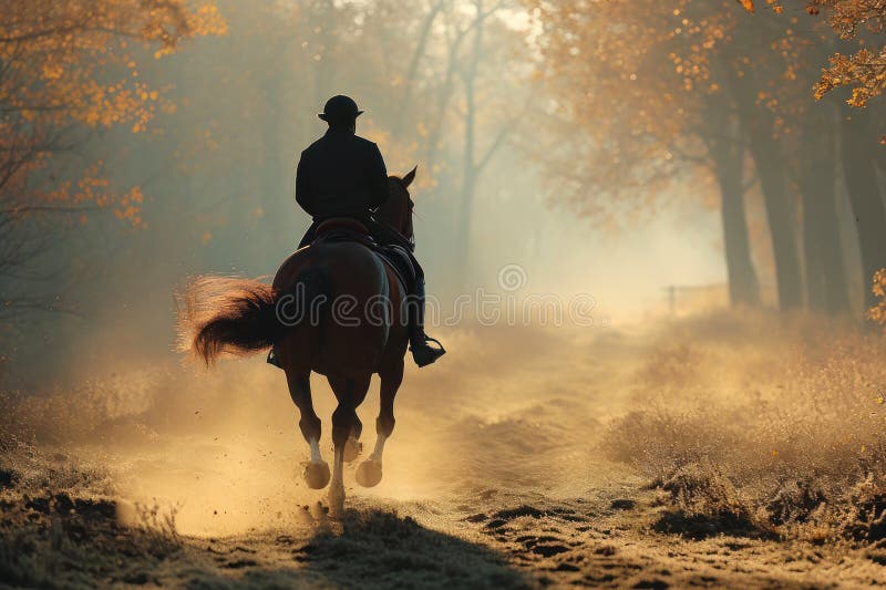 Equestrian Riding Horse through Misty Forest. Stock Image - Image of ...