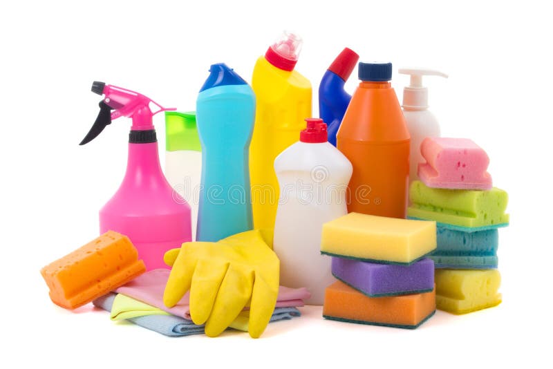 Equipamento Da Limpeza Na Cesta No Fundo Branco Imagem de Stock ...