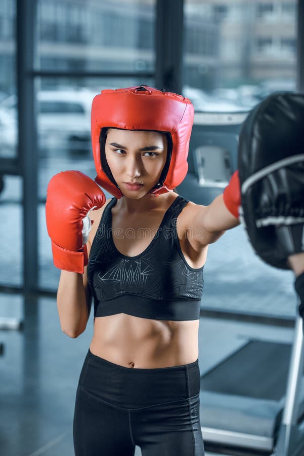Equiped Sporty Female Boxer Training Stock Photo - Image of helmet ...