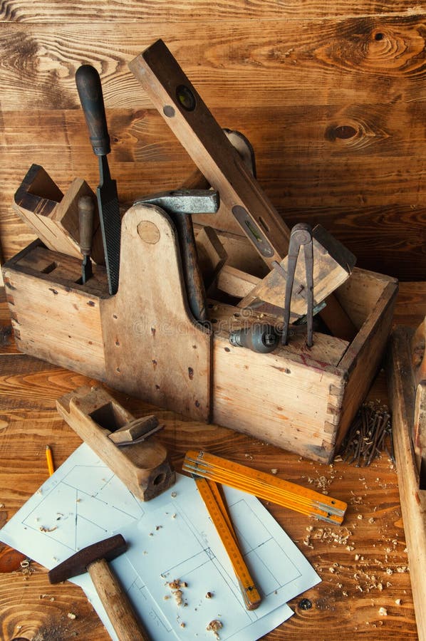 Equipment Carpenter on a Wooden Desk with Plans Stock Photo - Image of ...