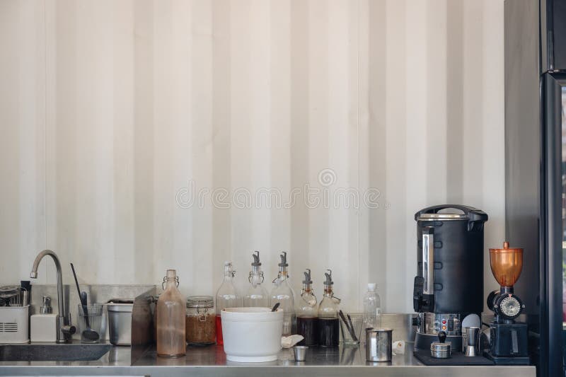 Equipment with Coffee Maker, Bottles and Raw Materials for Making ...