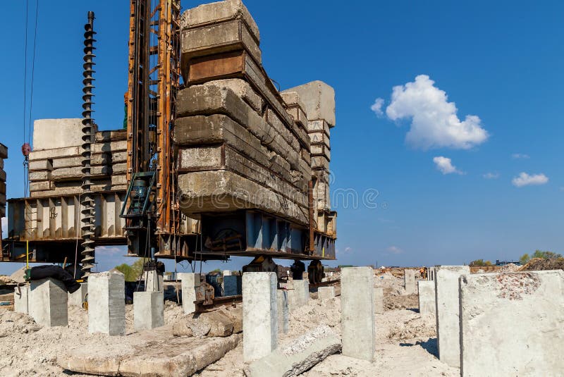 Equipment for Installing Concrete Piles on Construction Sites Stock ...