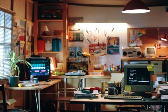 Equipped Garage with Computers with Codes on the Screen Stock Image ...