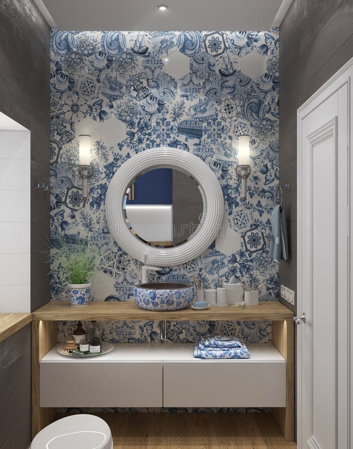 Equipped Guest Restroom Design, 3D Rendering Stock Illustration ...