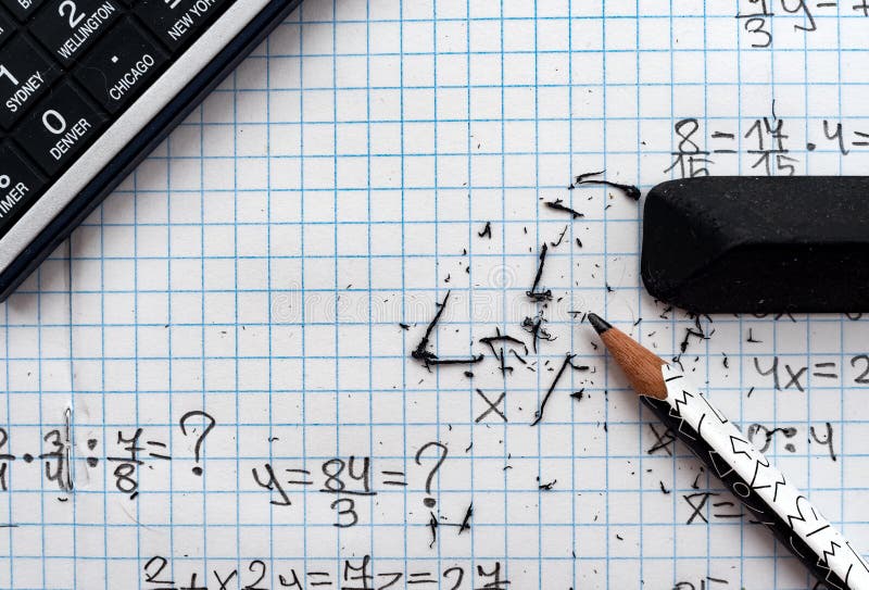 Eraser, Calculator and Pencil. Plaid Background of Formulas with Empty ...