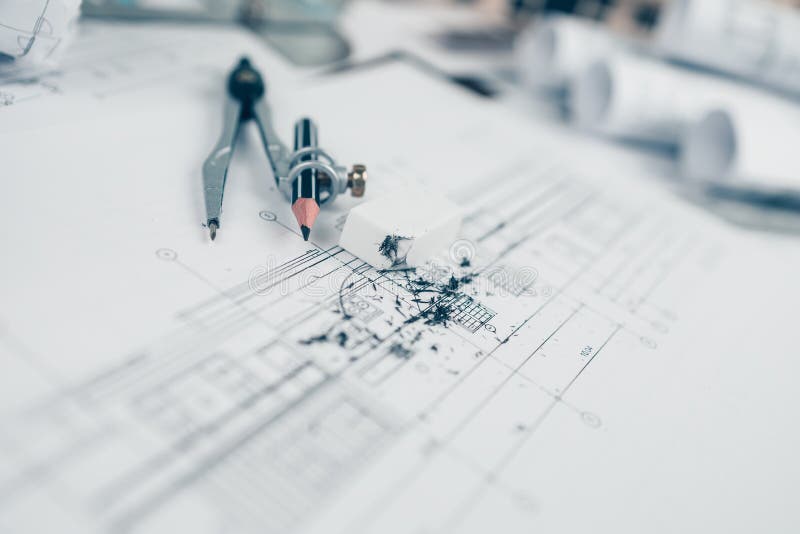 Eraser Crumbs and Compass on Drawing Design Working on Blueprint. House ...