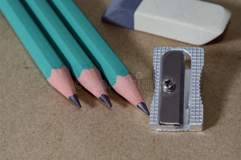 Eraser Writing Pencils and Sharpener on Kraft Paper Stock Photo - Image ...