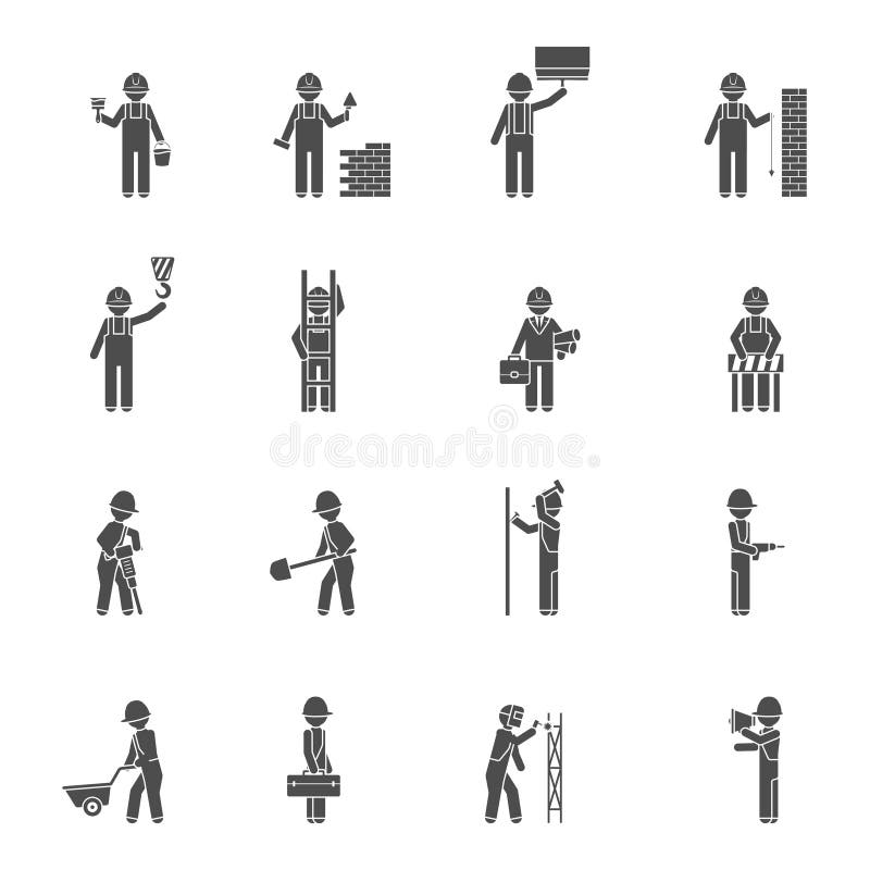 Erbauer Silhouettieren Flachen Ikonen-Satz Vektor Abbildung ...