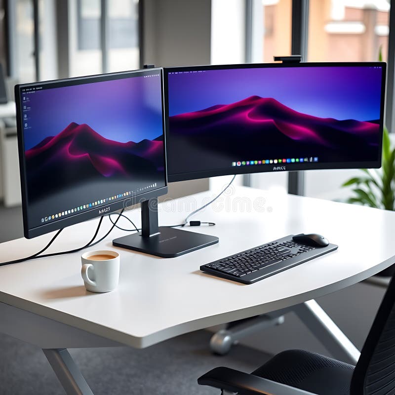 An Ergonomic Adjustable Desk with Multiple Monitors Keyboard and a Cup ...
