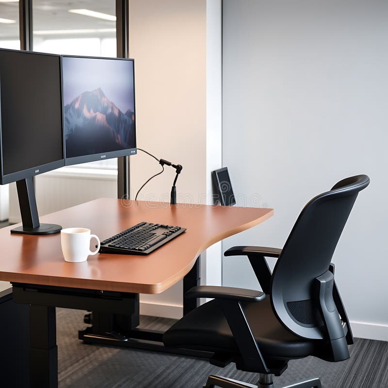 An Ergonomic Adjustable Desk with Multiple Monitors Keyboard and a Cup ...