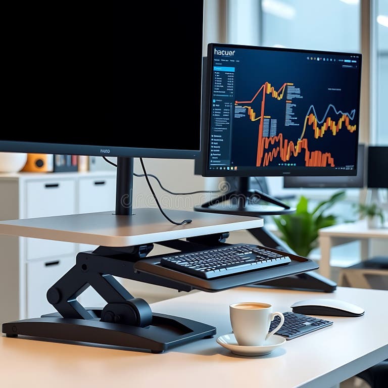 An Ergonomic Adjustable Desk with Multiple Monitors Keyboard and a Cup ...