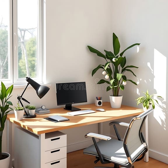 Ergonomic Corner Desk Setup in a Bright Airy Office Space Stock ...