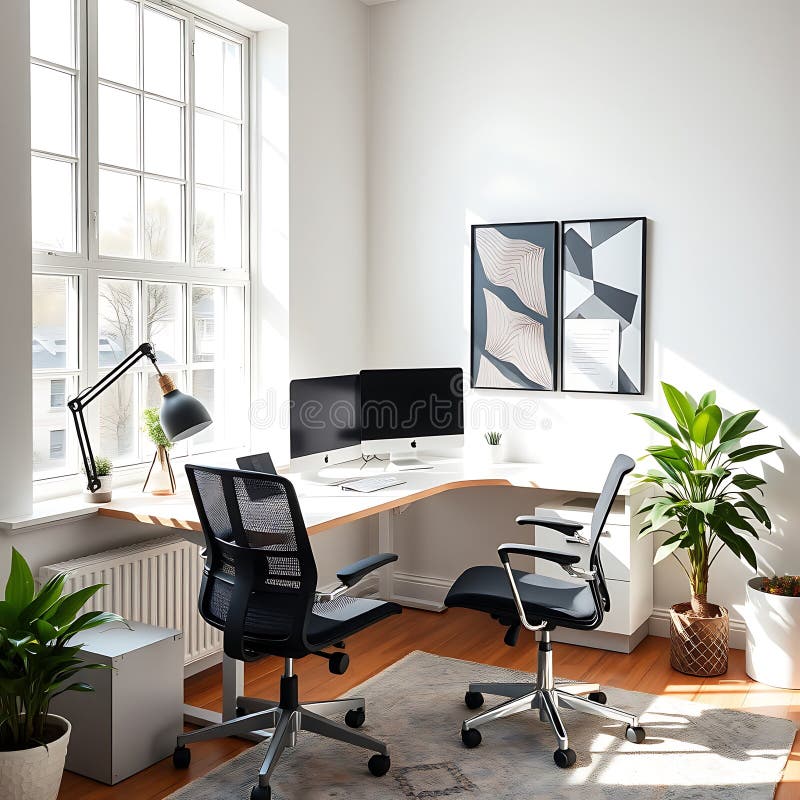 Ergonomic Corner Desk Setup in a Bright Airy Office Space Stock ...