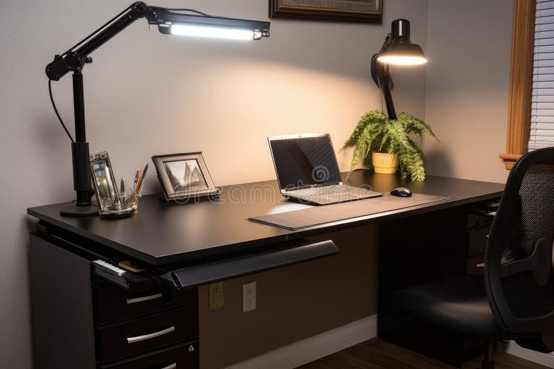 Ergonomic Desk with Adjustable Height, Lighting, and Accessories Stock ...