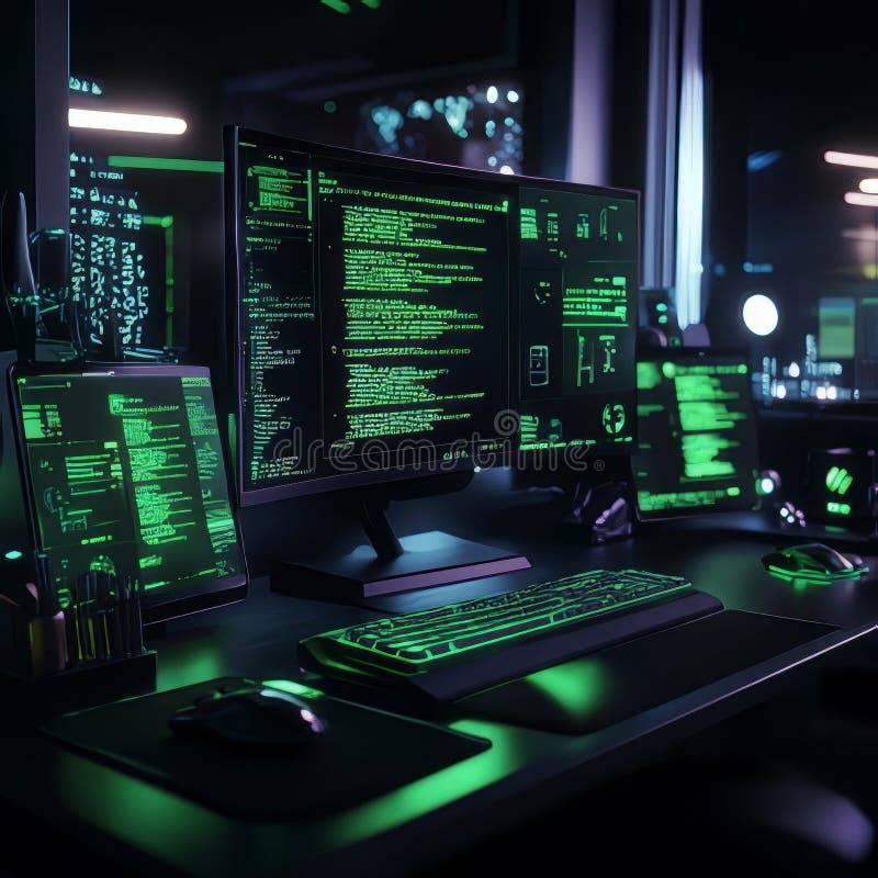 An Ergonomic Desk with a Keyboard, Mouse, Monitors, and Chair Stock ...